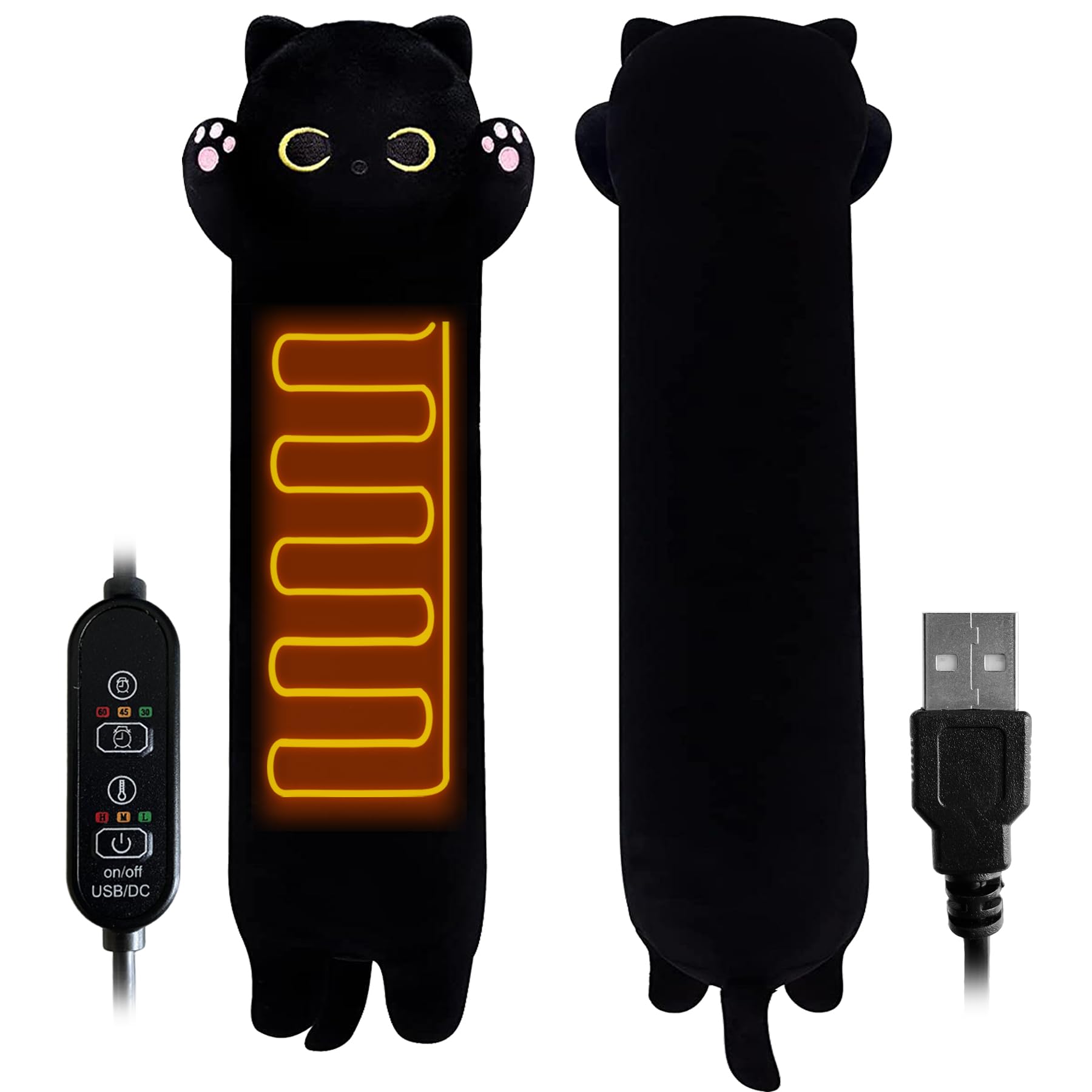 Heating Pads for Period Cramps & Menstrual Pain Relief, Portable Cute Stuffed Animal Heat Pad USB Powered for Car Trivel, Gift for Women Mom Teen Girls Birthday(Black cat2)
