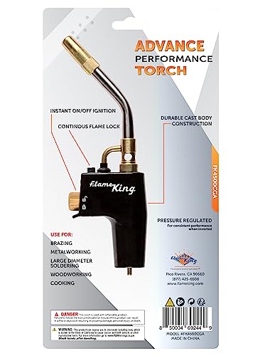 Flame King FK4500CGA High Intensity Propane Torch Head for Soldering, Brazing, Plumbing, Lighting Charcoal/Fire Pits, Compatible with 1LB Cylinders, MAPP, and MAP-PRO