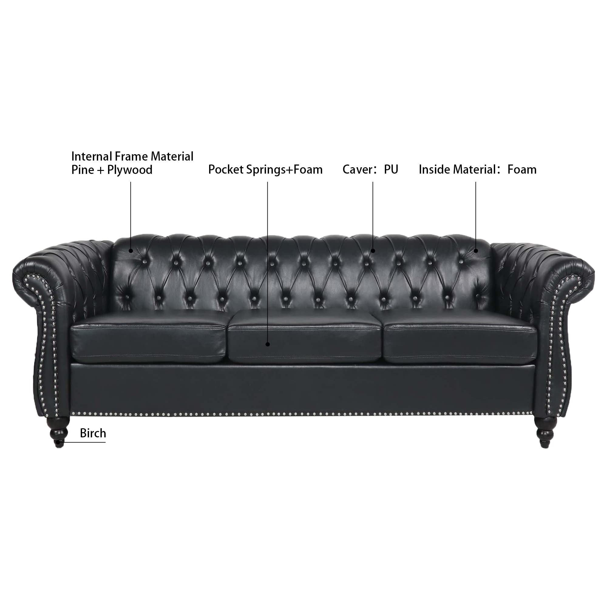 EMKK 84 inch Leather 3-Seater Sofa Couch,Rolled Arm Chesterfield Three Seater Sofá for Small Spaces, Bedroom, Living Room,Black