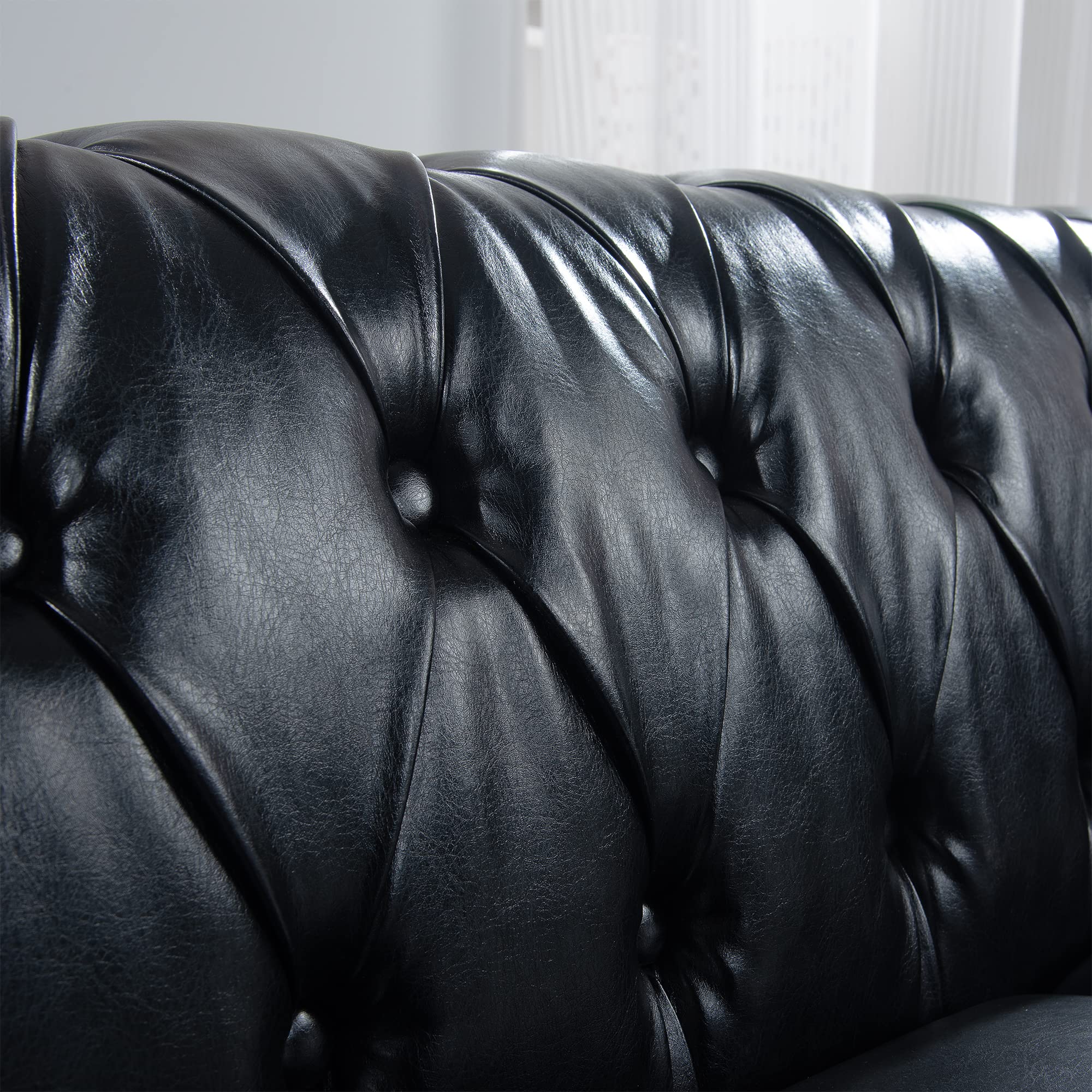 EMKK 84 inch Leather 3-Seater Sofa Couch,Rolled Arm Chesterfield Three Seater Sofá for Small Spaces, Bedroom, Living Room,Black