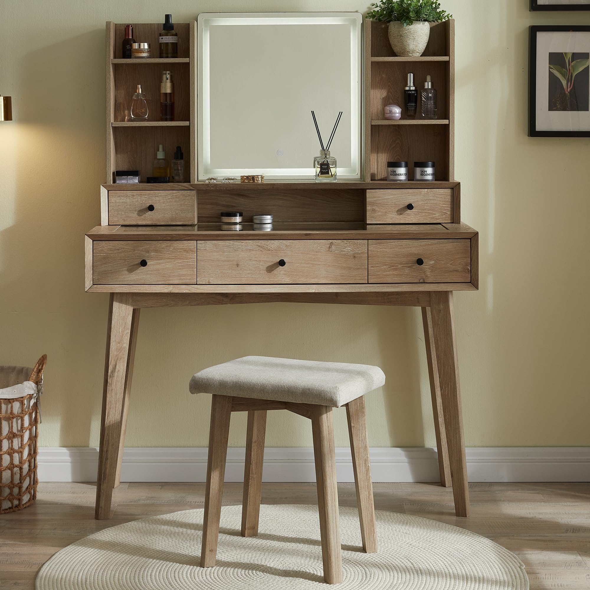 T4TREAM Modern Makeup Vanity Desk with Mirror and Lights,42'' Make up Vanity Table with Glass Tabletop & 5 Drawers, Big Vanity Set with Cushioned Stool & 3 Light Modes for Bedroom, Natural Oak