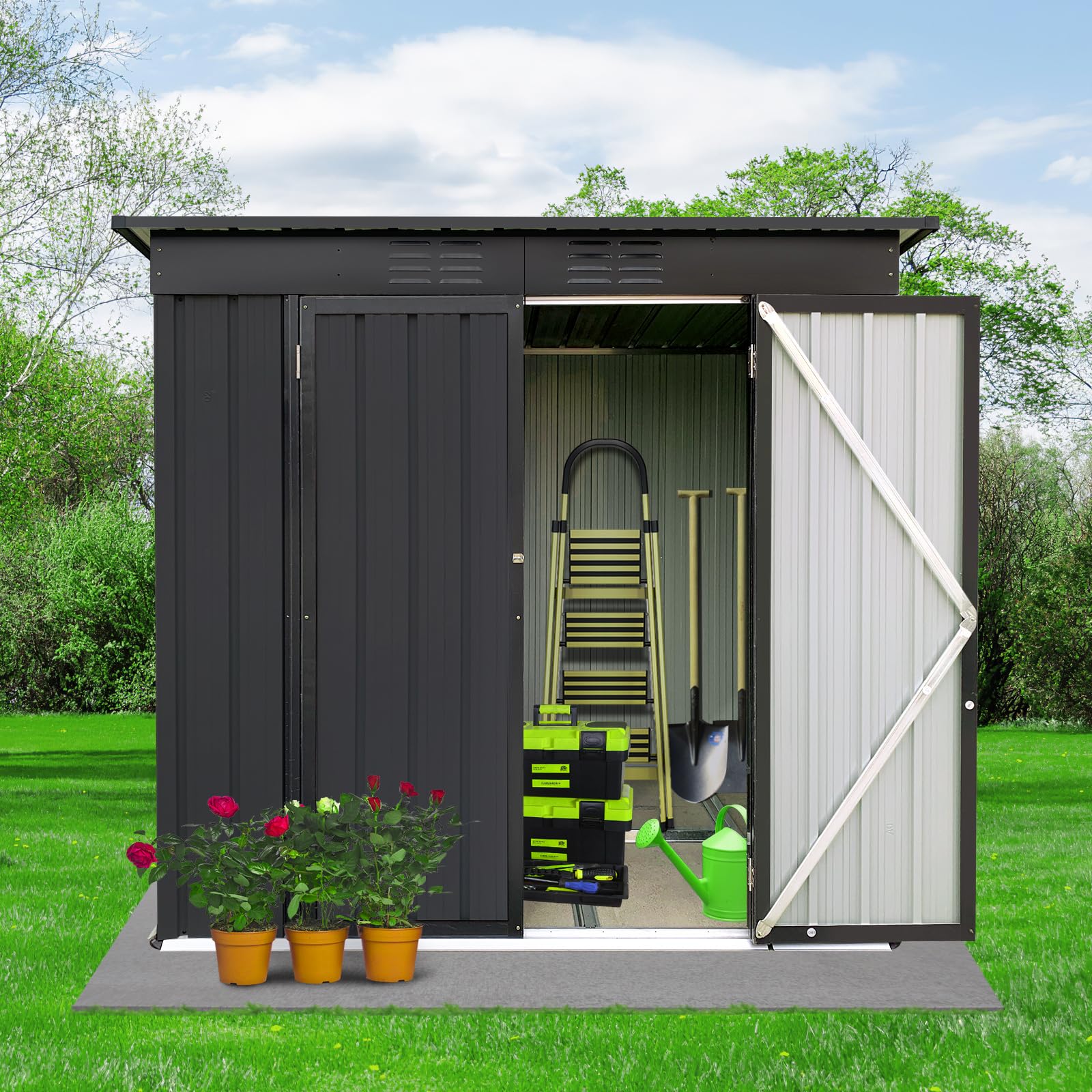 Zevemomo 6 x 4 ft Outdoor Storage Shed, All Weather Metal Shed with Metal Foundation & Lockable Door, Tool Shed Outdoor Storage for Garden, Patio, Backyard, Lawn, Black