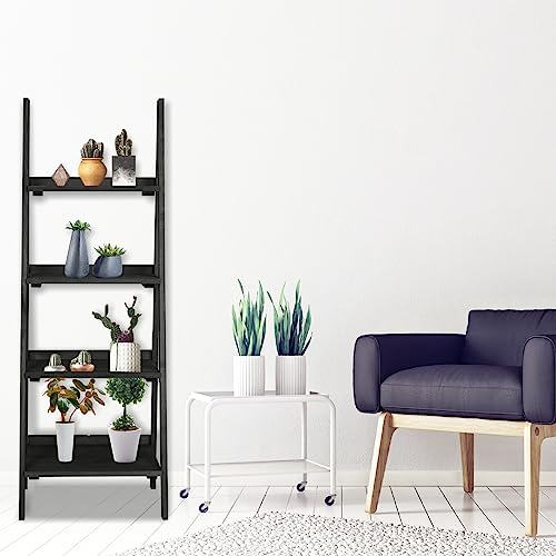 Babion Ladder Shelf Bookcase, 4-Tier Wooden Freestanding Plant Shelf Bookshelf Display Shelf, for Office, Balcony, Living Room - Black