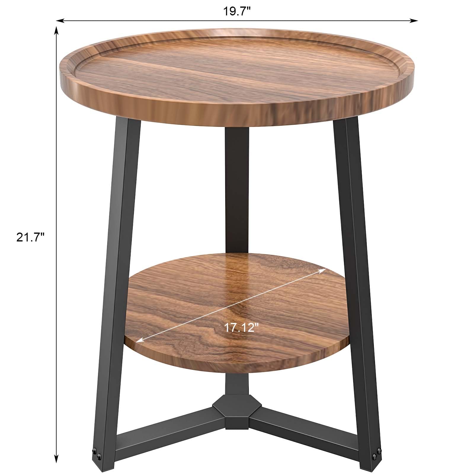texinpress Round End Table with Storage Shelf, 2 Tier Round Side Table Nightstand for Living Room, Bedroom, Wood Tabletop and Black Metal Frame (19.7 * 19.7 * 21.7 inches)