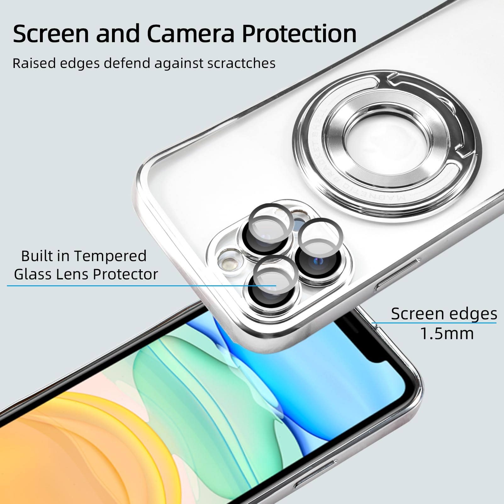 Tcaraersing Magnetic Invisible Stand Case for iPhone 13 Pro Max, Compatible with MagSafe, Built-in Camera Lens Protector, Luxury Plating Clear Shockproof Slim Thin Cover iPhone 13 Pro Max 6.7''-Silver