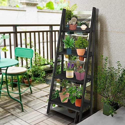 Babion Ladder Shelf Bookcase, 4-Tier Wooden Freestanding Plant Shelf Bookshelf Display Shelf, for Office, Balcony, Living Room - Black