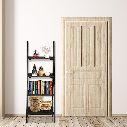 Babion Ladder Shelf Bookcase, 4-Tier Wooden Freestanding Plant Shelf Bookshelf Display Shelf, for Office, Balcony, Living Room - Black