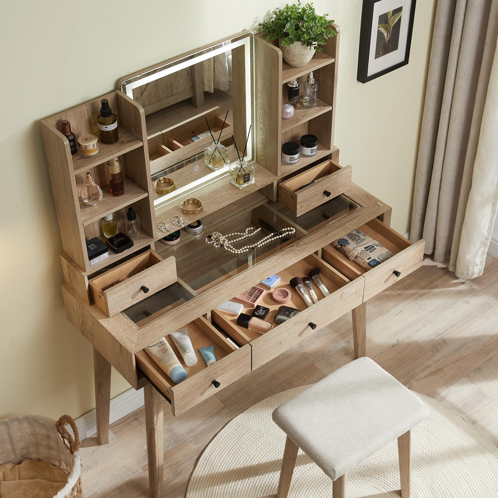 T4TREAM Modern Makeup Vanity Desk with Mirror and Lights,42'' Make up Vanity Table with Glass Tabletop & 5 Drawers, Big Vanity Set with Cushioned Stool & 3 Light Modes for Bedroom, Natural Oak