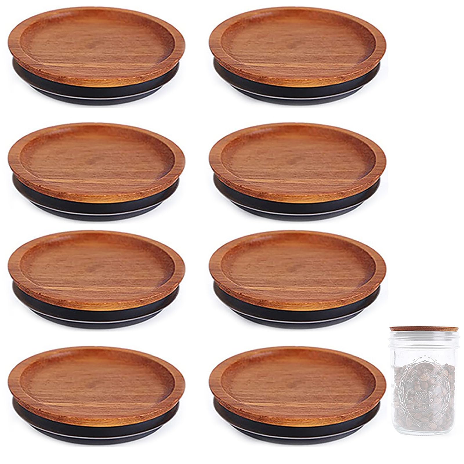 8 Pack Wide Mouth Mason Jar Lids Acacia Wood Mason Jar Lids with Silicone Seal Reusable Wooden Lids for Canning Jar Yogurt Cookie Dry Food Storage