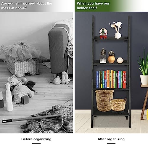 Babion Ladder Shelf Bookcase, 4-Tier Wooden Freestanding Plant Shelf Bookshelf Display Shelf, for Office, Balcony, Living Room - Black
