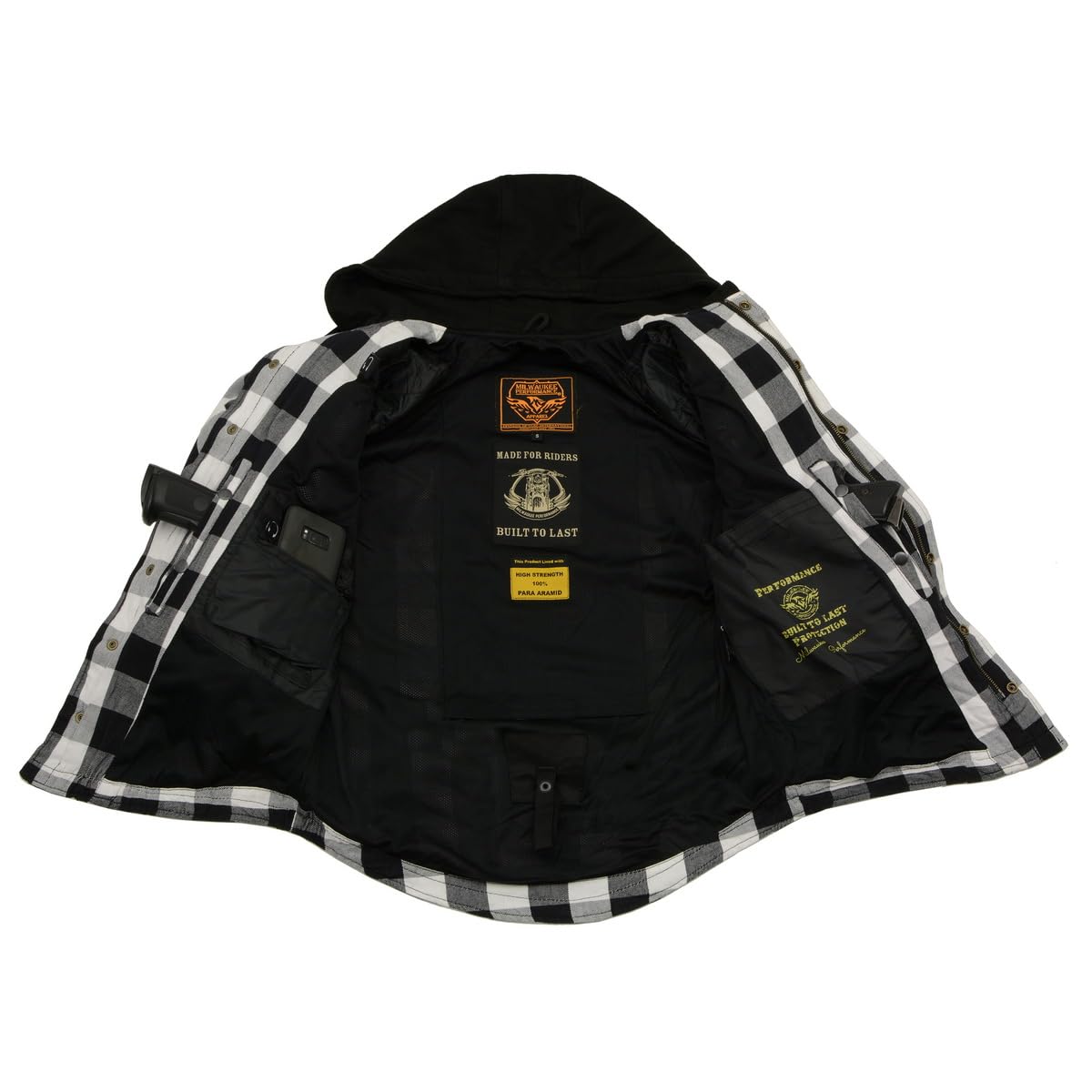 Mens Motorcycle Lightweight Waterproof CE armor Blk/White & Gray Checkered Flannel Riding Jacket Shirt (as1, alpha, x_l, regular, regular, Blk/White with Hoodie)