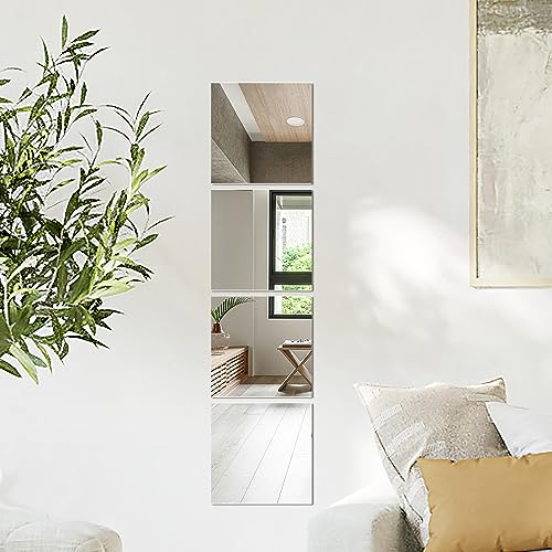 Wall Mirror Full Length (Glass, 8''x8''x 4PCS), Full Body Mirror Tiles for Door, Bedroom, Home Gym