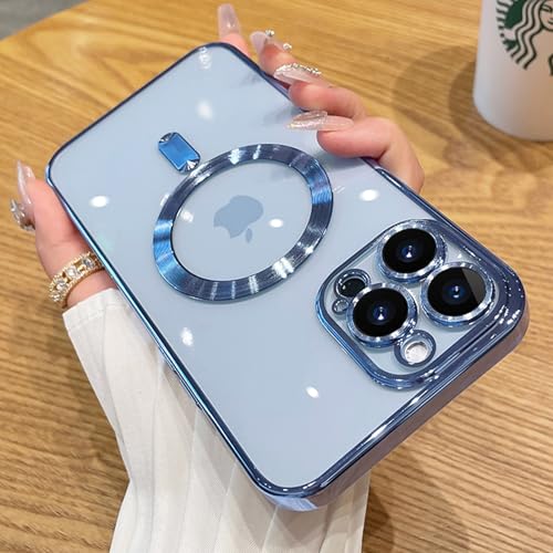 XSINOLI for iPhone 13 Pro Max Phone Case Magsafe, Magnetic Clear Case with Screen Protector and Camera Cover, Transparent Electroplated Case for Women/Girl/Men (Blue)