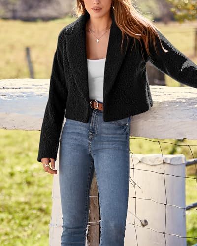 BTFBM 2023 Women's Fashion Fuzzy Fleece Short Jacket Fall Winter Lapel Button Down Outerwear Long Sleeve Faux Fur Coat(Solid Black, Medium)