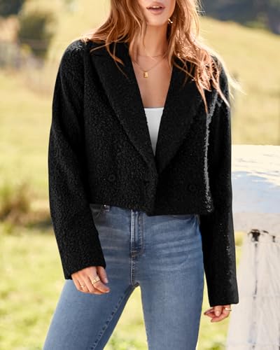 BTFBM 2023 Women's Fashion Fuzzy Fleece Short Jacket Fall Winter Lapel Button Down Outerwear Long Sleeve Faux Fur Coat(Solid Black, Medium)