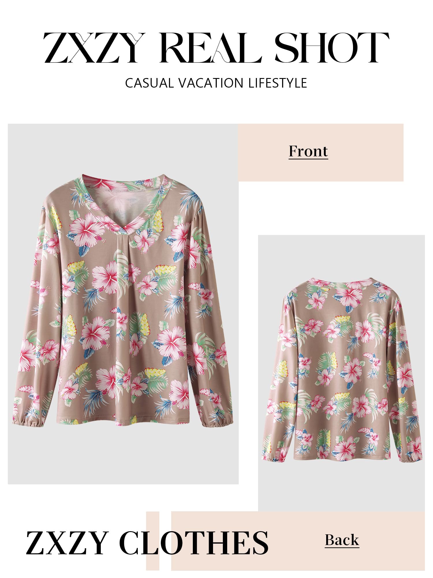 ZXZY Womens Hawaiian Shirt Vintage Leaf Floral Printed Tropical Tops V Neck Puff Long Sleeves Shirts Coffee