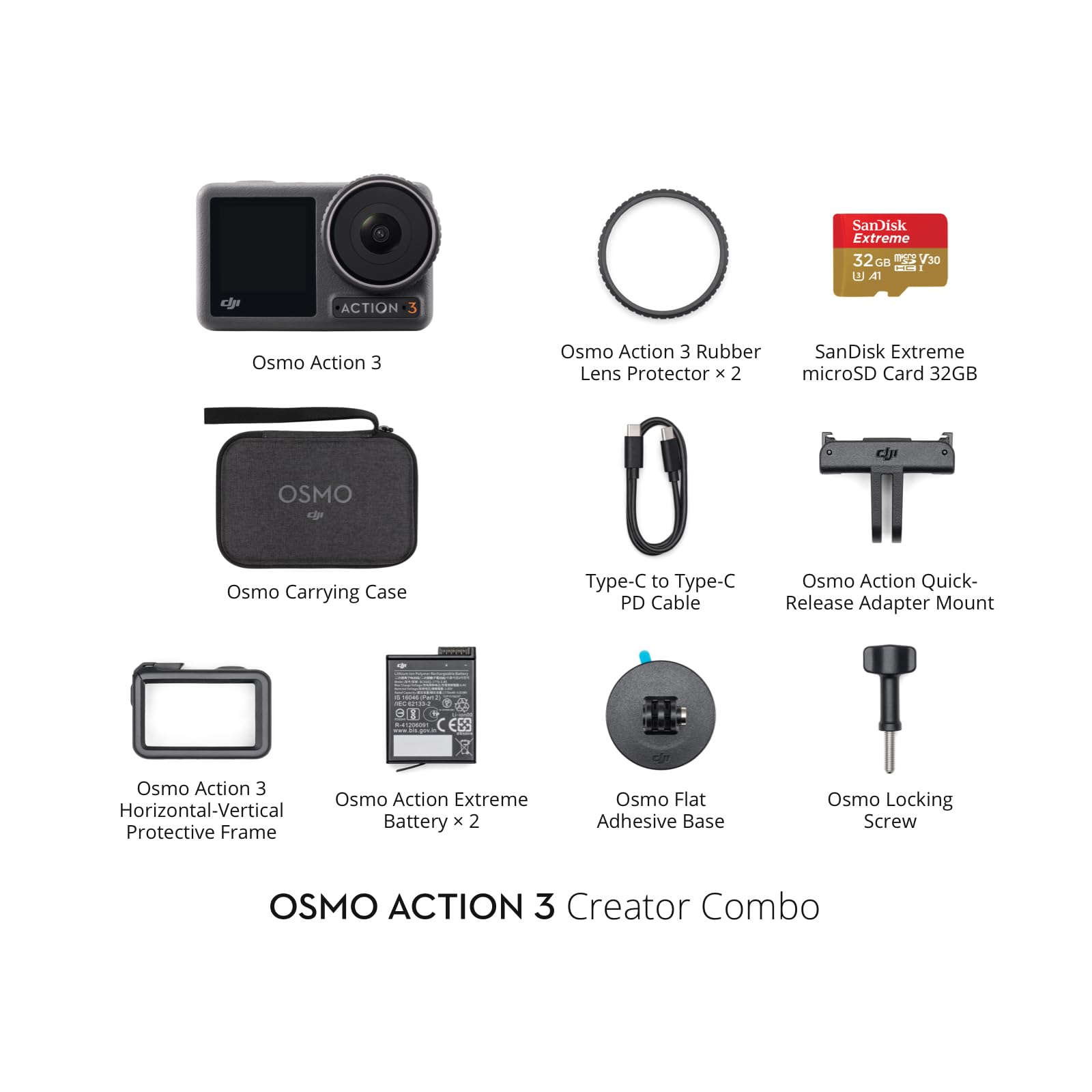 DJI Osmo Action 3 Creator Combo, Action Camera 4K + 155° Super-Wide FOV, 10-Bit Color Depth, Stabilization, Cold Resistant, 2 Batteries and 32GB microSD Card, Mini Action Camera for Vlog