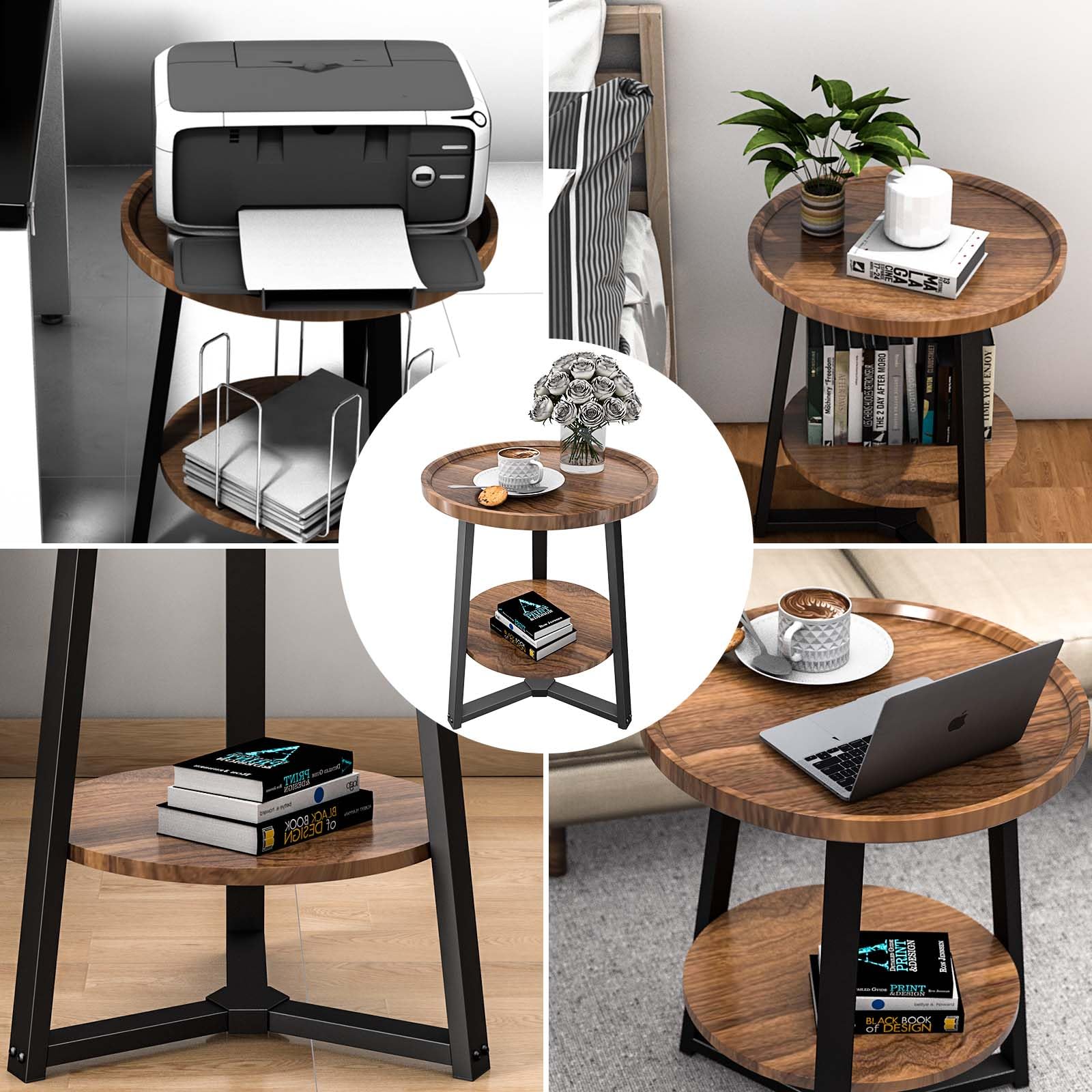 texinpress Round End Table with Storage Shelf, 2 Tier Round Side Table Nightstand for Living Room, Bedroom, Wood Tabletop and Black Metal Frame (19.7 * 19.7 * 21.7 inches)
