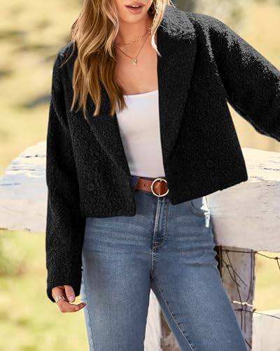 BTFBM 2023 Women's Fashion Fuzzy Fleece Short Jacket Fall Winter Lapel Button Down Outerwear Long Sleeve Faux Fur Coat(Solid Black, Medium)