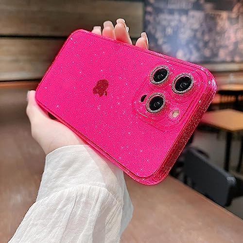 MINSCOSE Compatible with iPhone 14 Pro Max Case 6.7 inch, Cute Neon Bright Color with Bling Glitter Diamond Camera Protector, Clear Crystal Phone Case Shockproof Sparkle Len for Women Girls-Hot Pink