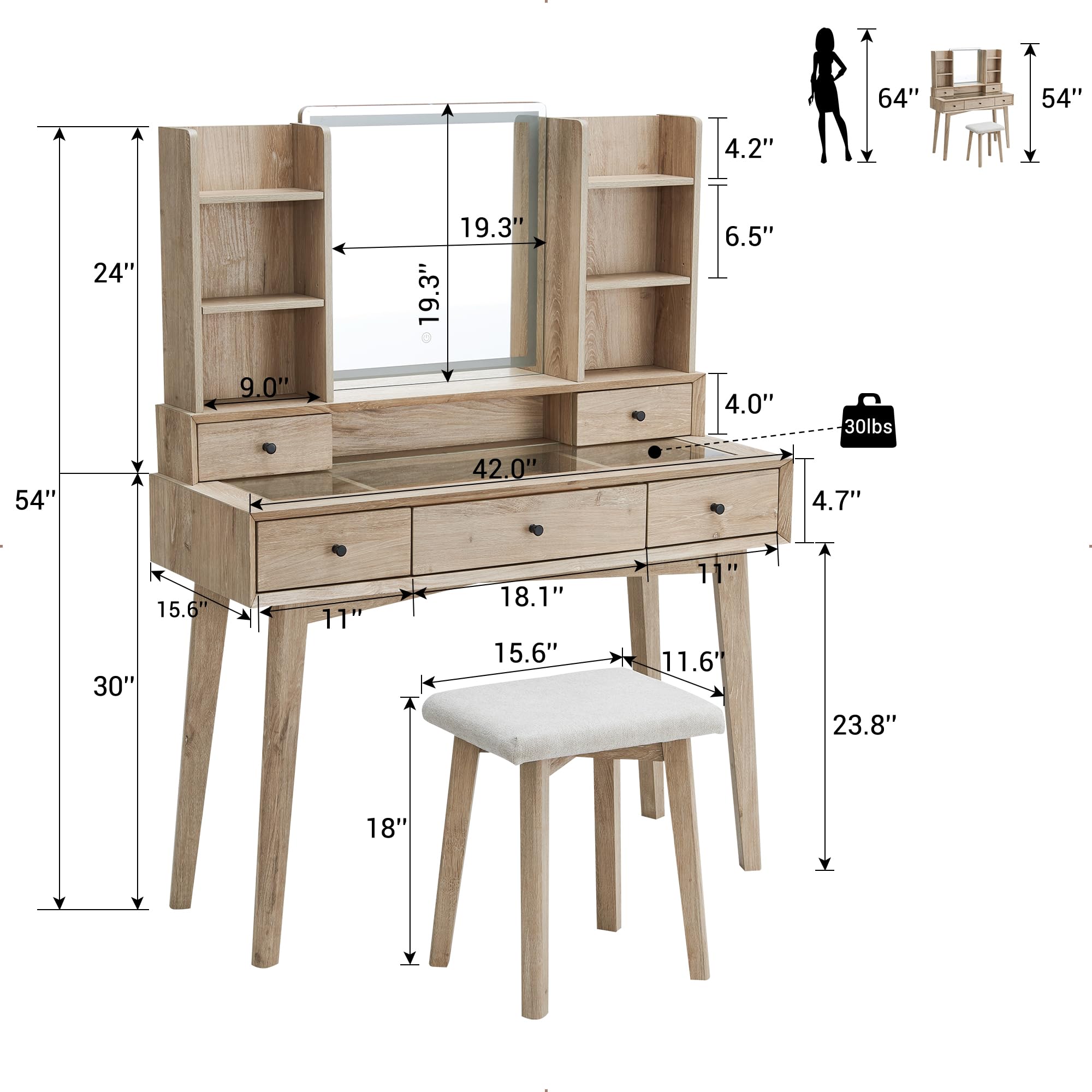 T4TREAM Modern Makeup Vanity Desk with Mirror and Lights,42'' Make up Vanity Table with Glass Tabletop & 5 Drawers, Big Vanity Set with Cushioned Stool & 3 Light Modes for Bedroom, Natural Oak