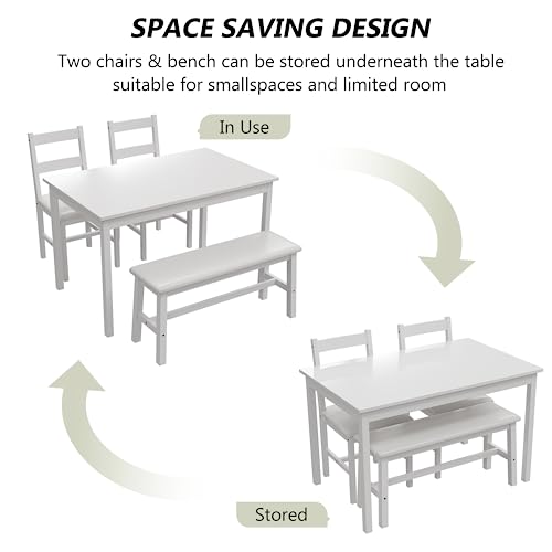 Dining Table Set for 4, 4 Piece Kitchen Table with Chairs and Bench, Wood Rectangular Dining Table Set with 2 PU Leather Chair and Bench for Small Spaces, Apartment, Breakfast, Living Room (White)