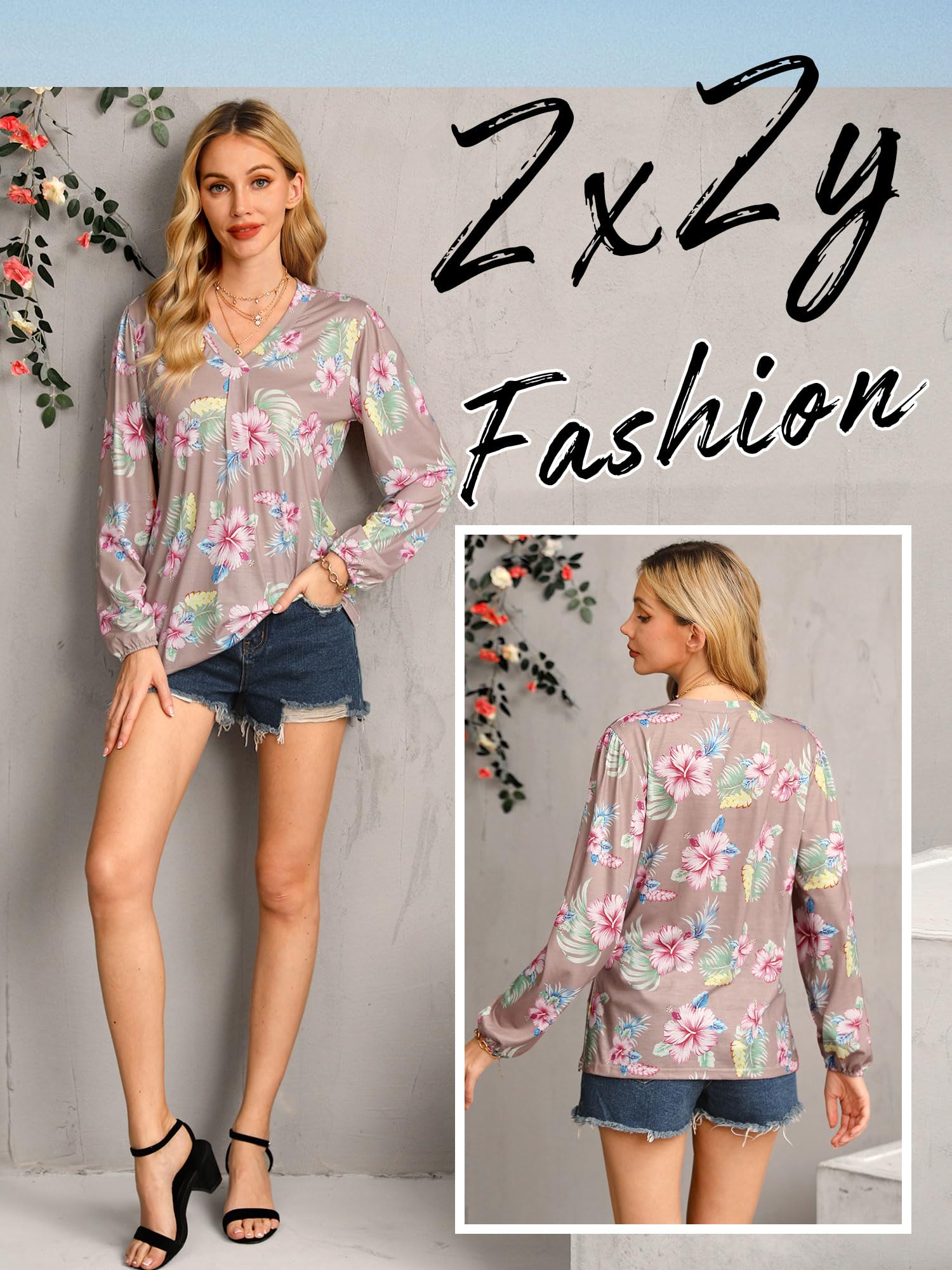 ZXZY Womens Hawaiian Shirt Vintage Leaf Floral Printed Tropical Tops V Neck Puff Long Sleeves Shirts Coffee