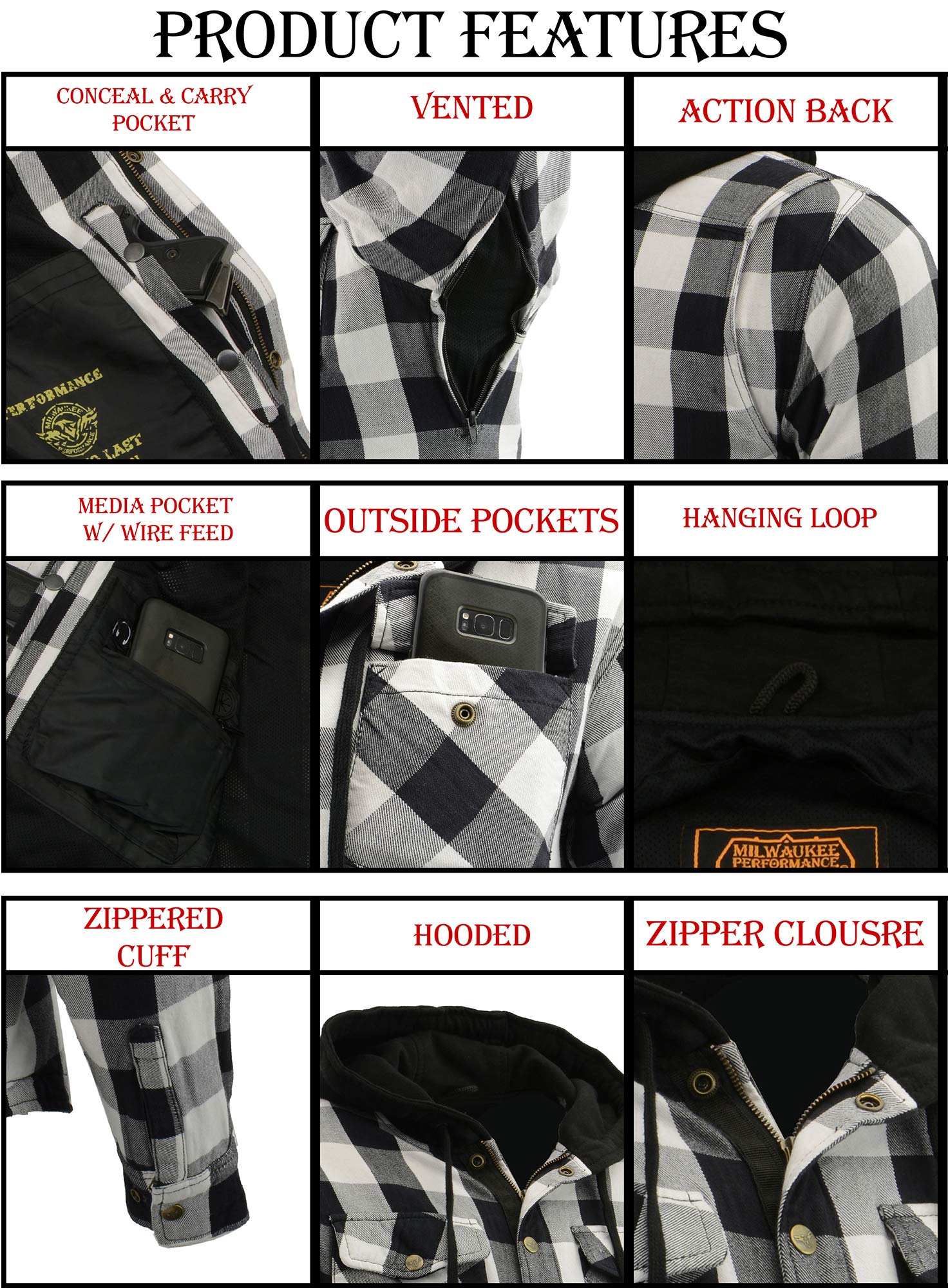 Mens Motorcycle Lightweight Waterproof CE armor Blk/White & Gray Checkered Flannel Riding Jacket Shirt (as1, alpha, x_l, regular, regular, Blk/White with Hoodie)