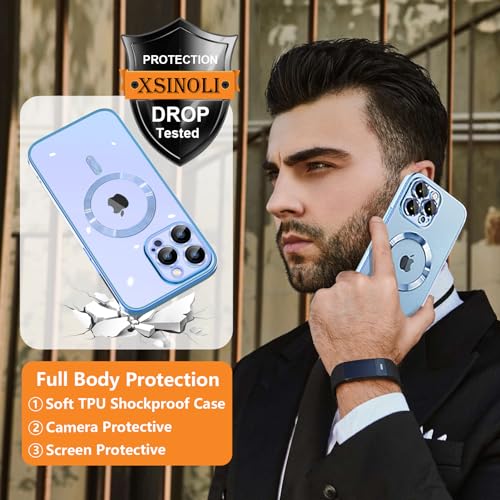 XSINOLI for iPhone 13 Pro Max Phone Case Magsafe, Magnetic Clear Case with Screen Protector and Camera Cover, Transparent Electroplated Case for Women/Girl/Men (Blue)