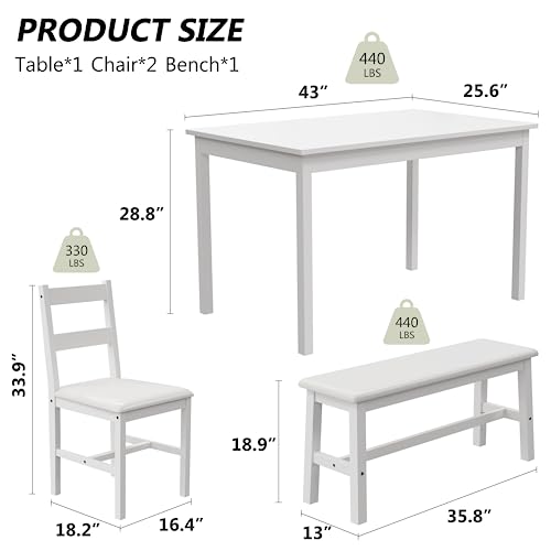 Dining Table Set for 4, 4 Piece Kitchen Table with Chairs and Bench, Wood Rectangular Dining Table Set with 2 PU Leather Chair and Bench for Small Spaces, Apartment, Breakfast, Living Room (White)