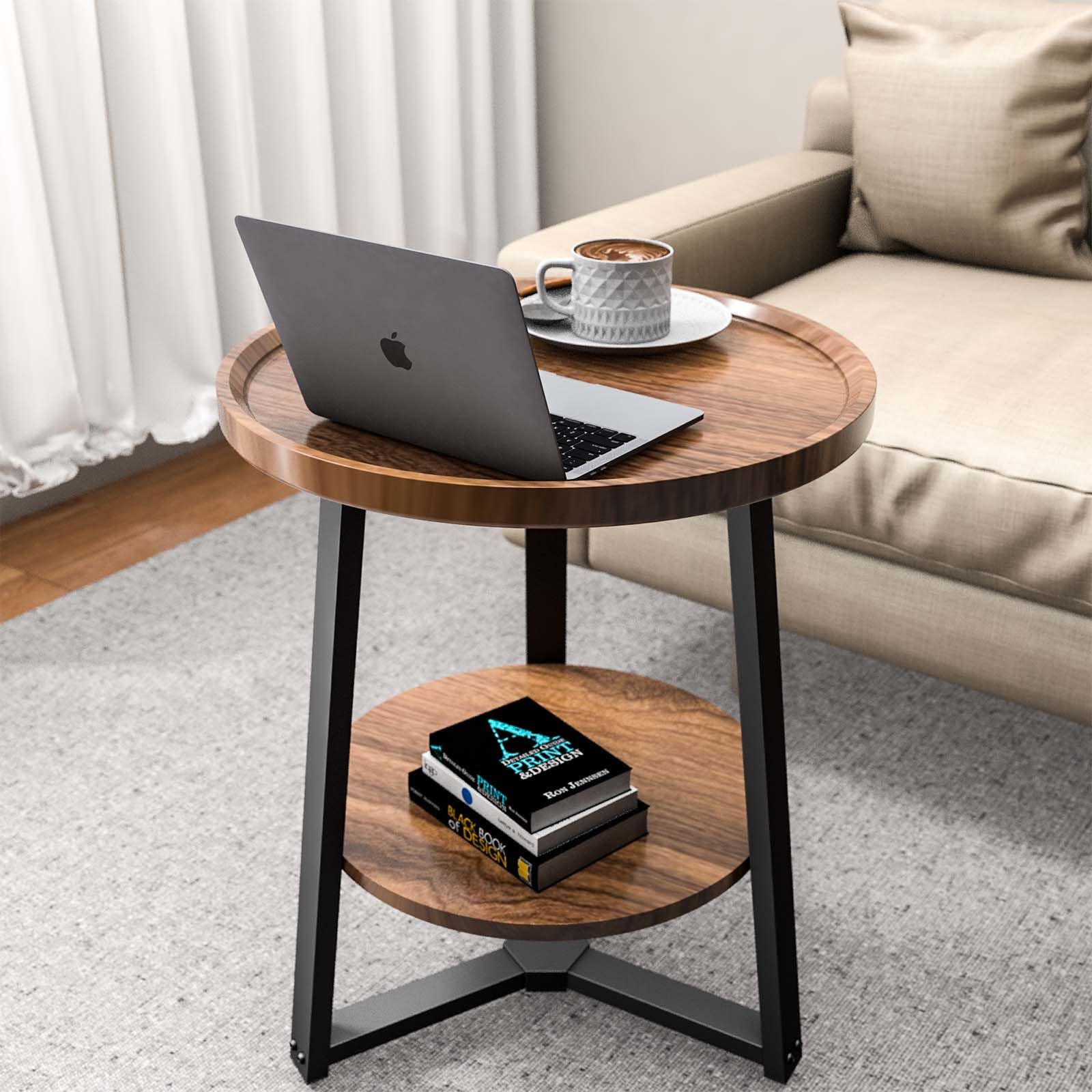 texinpress Round End Table with Storage Shelf, 2 Tier Round Side Table Nightstand for Living Room, Bedroom, Wood Tabletop and Black Metal Frame (19.7 * 19.7 * 21.7 inches)