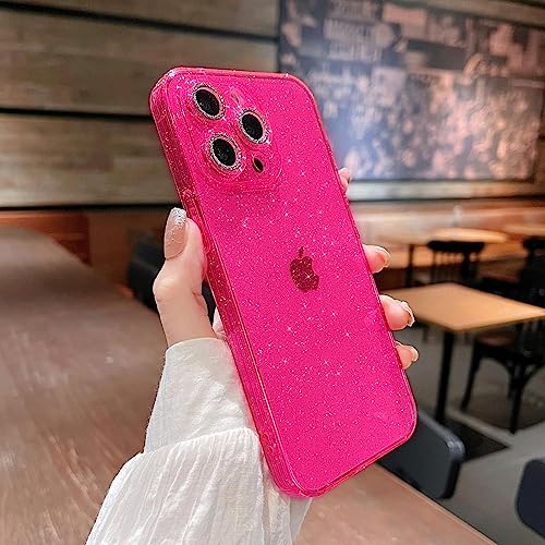 MINSCOSE Compatible with iPhone 14 Pro Max Case 6.7 inch, Cute Neon Bright Color with Bling Glitter Diamond Camera Protector, Clear Crystal Phone Case Shockproof Sparkle Len for Women Girls-Hot Pink