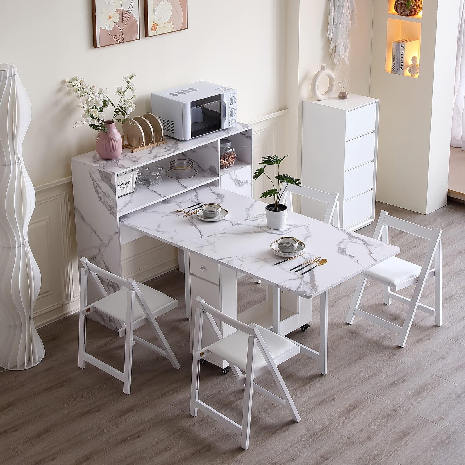 FUNROLUX Folding Dining Table and Sideboard Cabinet Set, Movable Kitchen Table and Buffet Cabinet with Storage Space for Dining Room, Living Room (White)