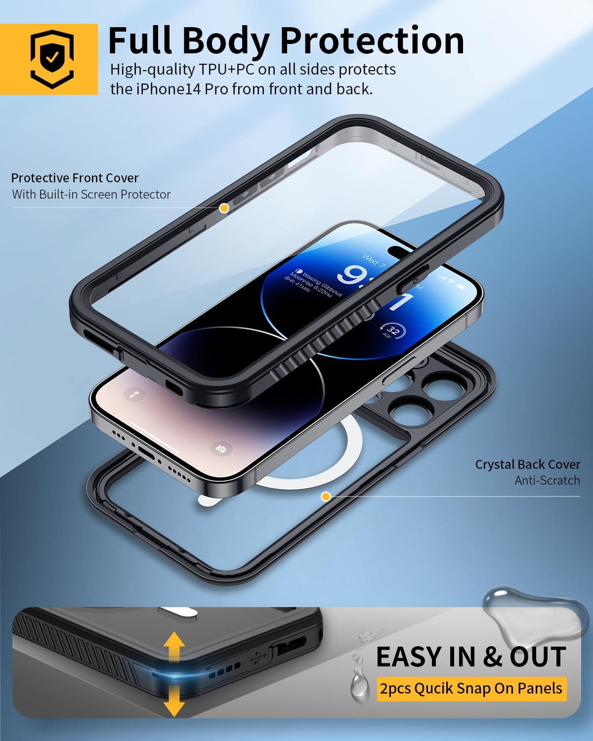 Lanhiem for Magnetic iPhone 14 Pro Max Case, Waterproof Dustproof Case with Built-in Screen Protector Compatible with Magsafe, Full Body Protective Cover for iPhone 14 Pro Max 6.7 inch -Black