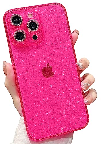 MINSCOSE Compatible with iPhone 14 Pro Max Case 6.7 inch, Cute Neon Bright Color with Bling Glitter Diamond Camera Protector, Clear Crystal Phone Case Shockproof Sparkle Len for Women Girls-Hot Pink