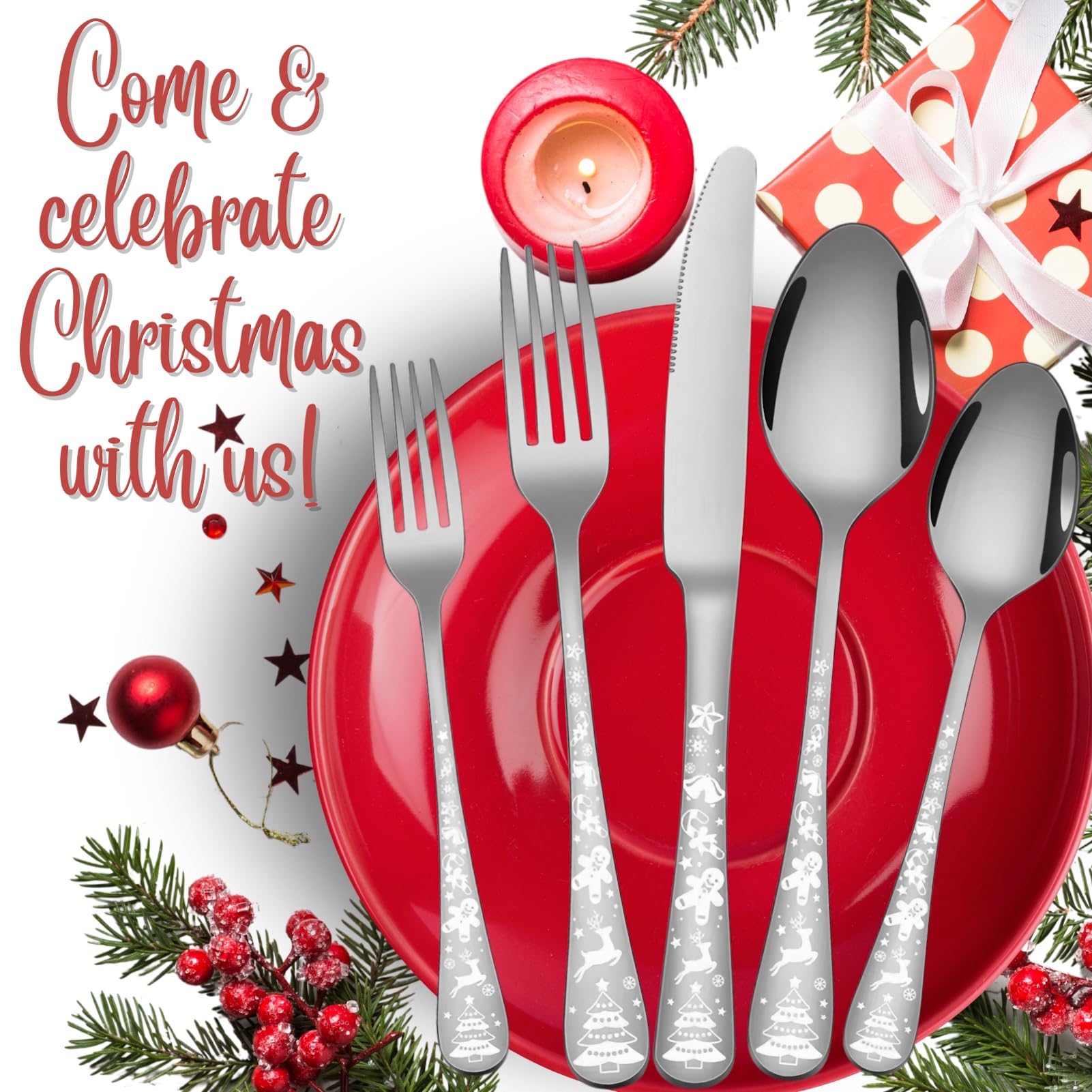 Vilihkc 20 Piece Stainless Steel Christmas Style Silverware Set Flatware Set Kitchen Utensil Set Service for 4 Tableware Cutlery Set for Home and Restaurant Dishwasher Safe