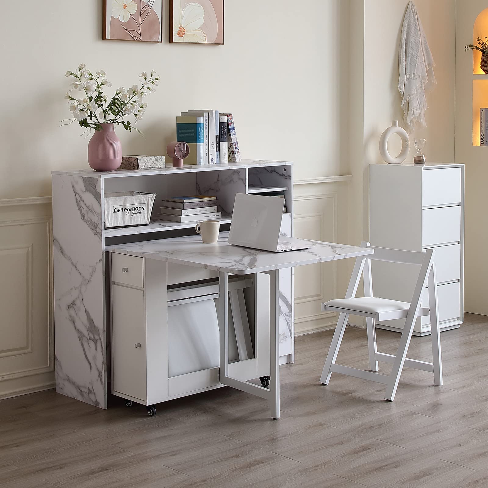 FUNROLUX Folding Dining Table and Sideboard Cabinet Set, Movable Kitchen Table and Buffet Cabinet with Storage Space for Dining Room, Living Room (White)