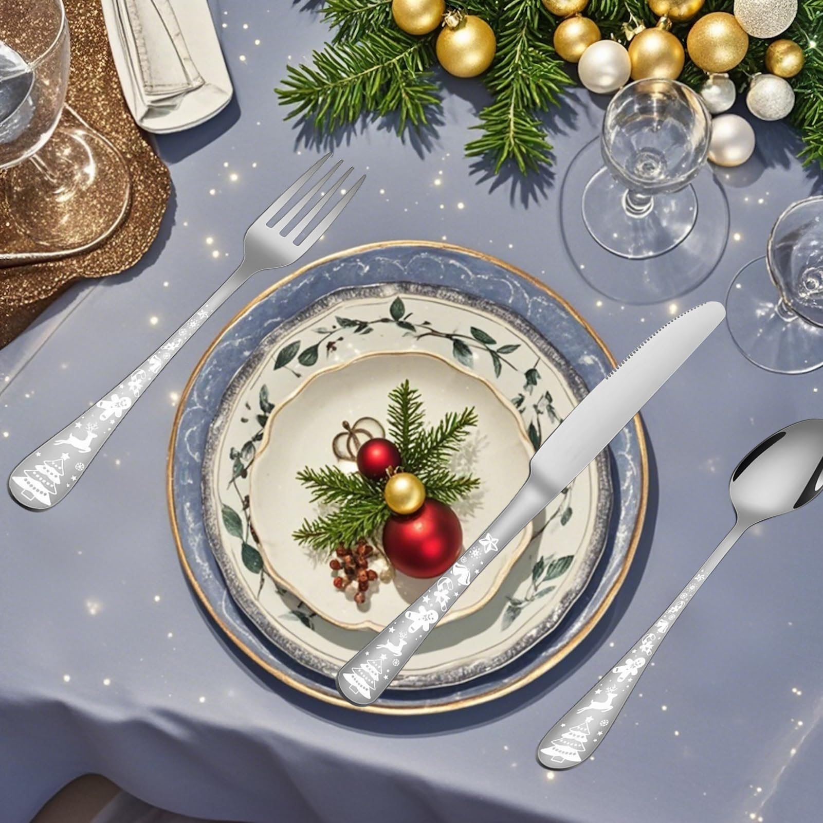 Vilihkc 20 Piece Stainless Steel Christmas Style Silverware Set Flatware Set Kitchen Utensil Set Service for 4 Tableware Cutlery Set for Home and Restaurant Dishwasher Safe