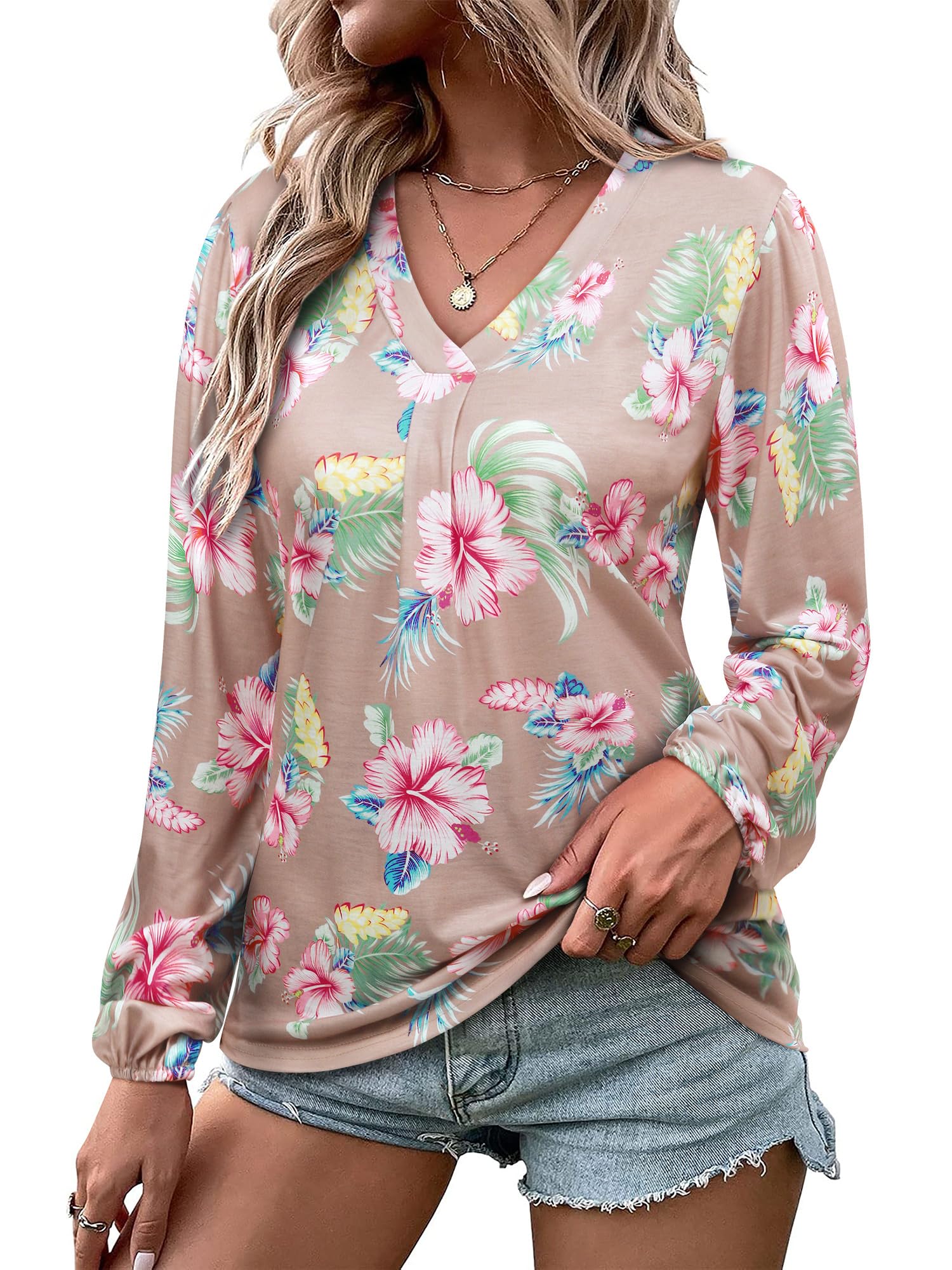 ZXZY Womens Hawaiian Shirt Vintage Leaf Floral Printed Tropical Tops V Neck Puff Long Sleeves Shirts Coffee