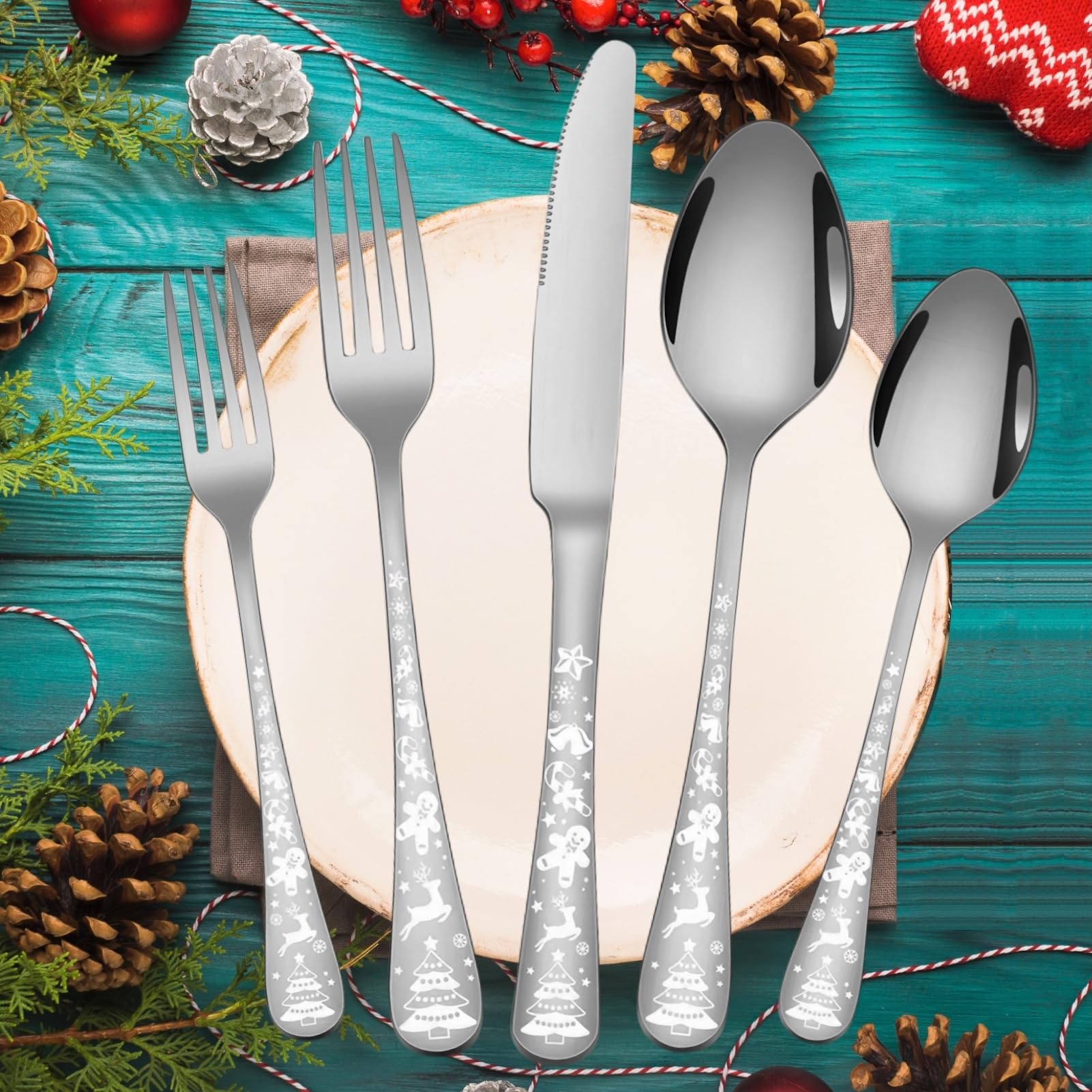 Vilihkc 20 Piece Stainless Steel Christmas Style Silverware Set Flatware Set Kitchen Utensil Set Service for 4 Tableware Cutlery Set for Home and Restaurant Dishwasher Safe