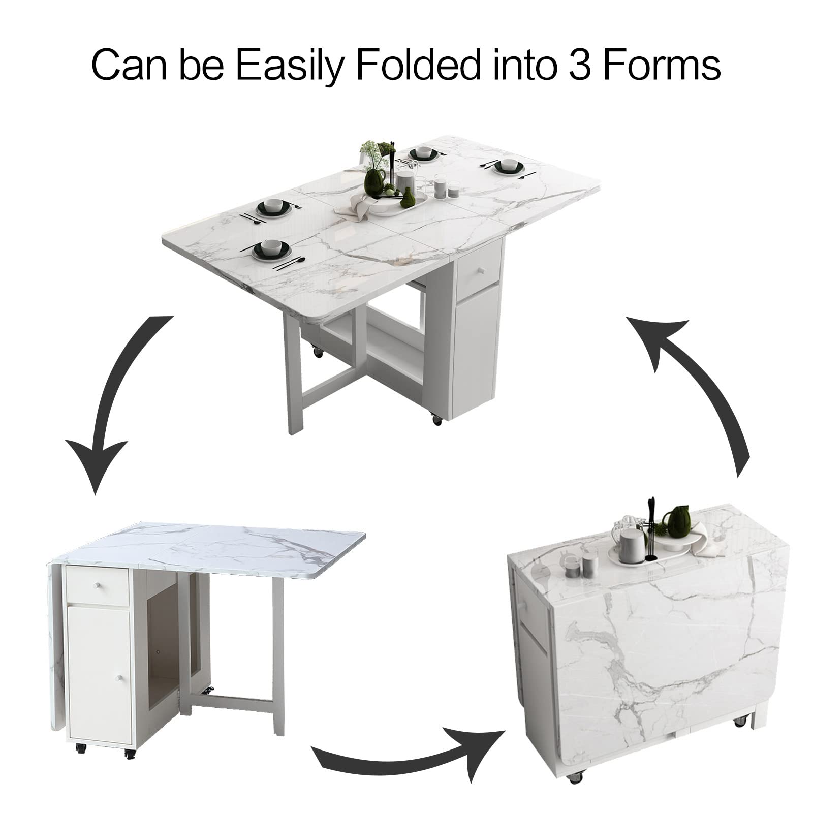FUNROLUX Folding Dining Table and Sideboard Cabinet Set, Movable Kitchen Table and Buffet Cabinet with Storage Space for Dining Room, Living Room (White)
