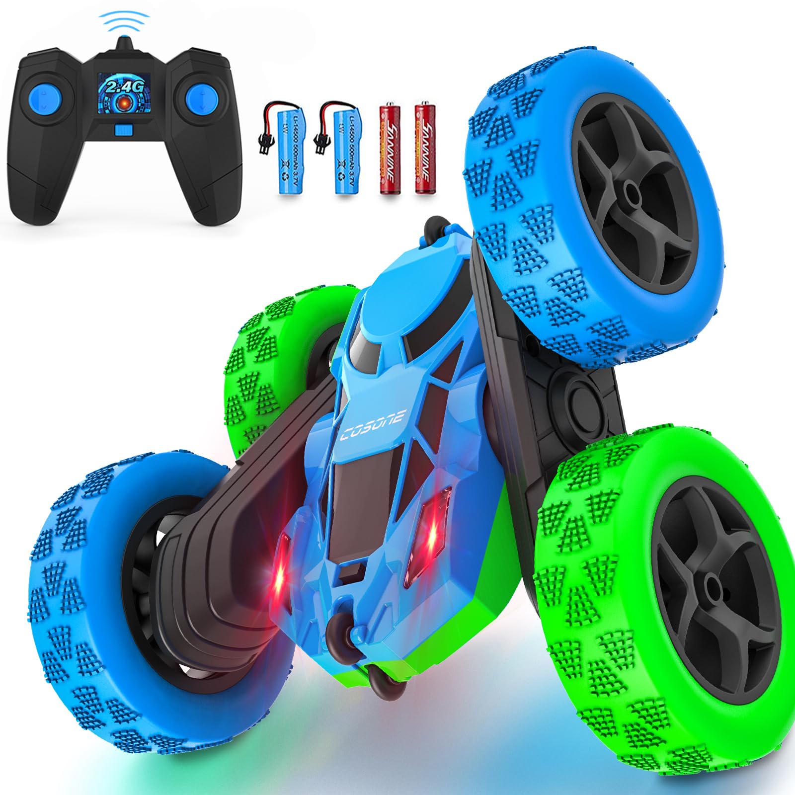 cosone Remote Control Car Toys for Boys - 4WD 2.4Ghz Double Sided 360° Rotating All Terrain RC Cars with Cool Lights, Kids Birthday for Boys-Blue&Green