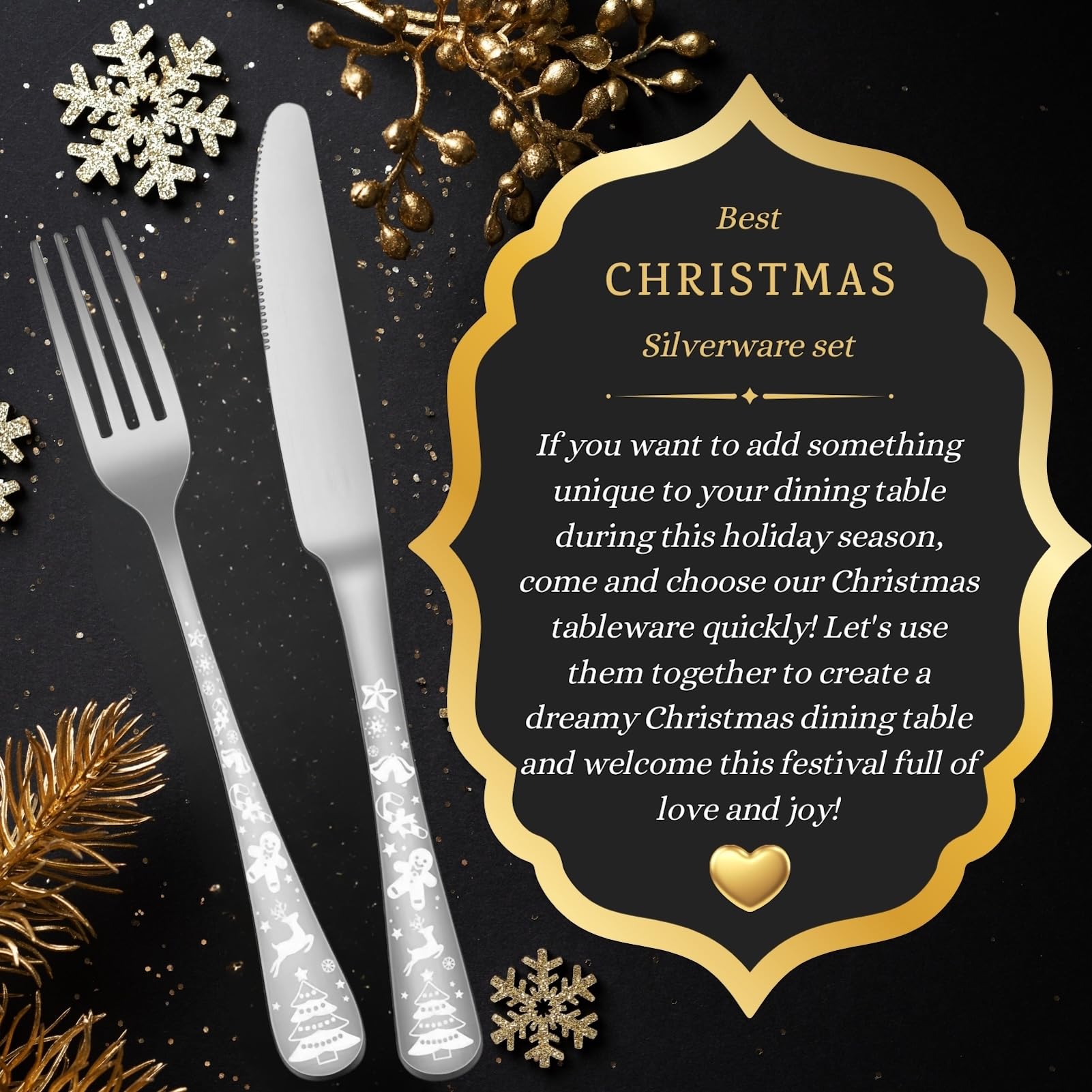 Vilihkc 20 Piece Stainless Steel Christmas Style Silverware Set Flatware Set Kitchen Utensil Set Service for 4 Tableware Cutlery Set for Home and Restaurant Dishwasher Safe