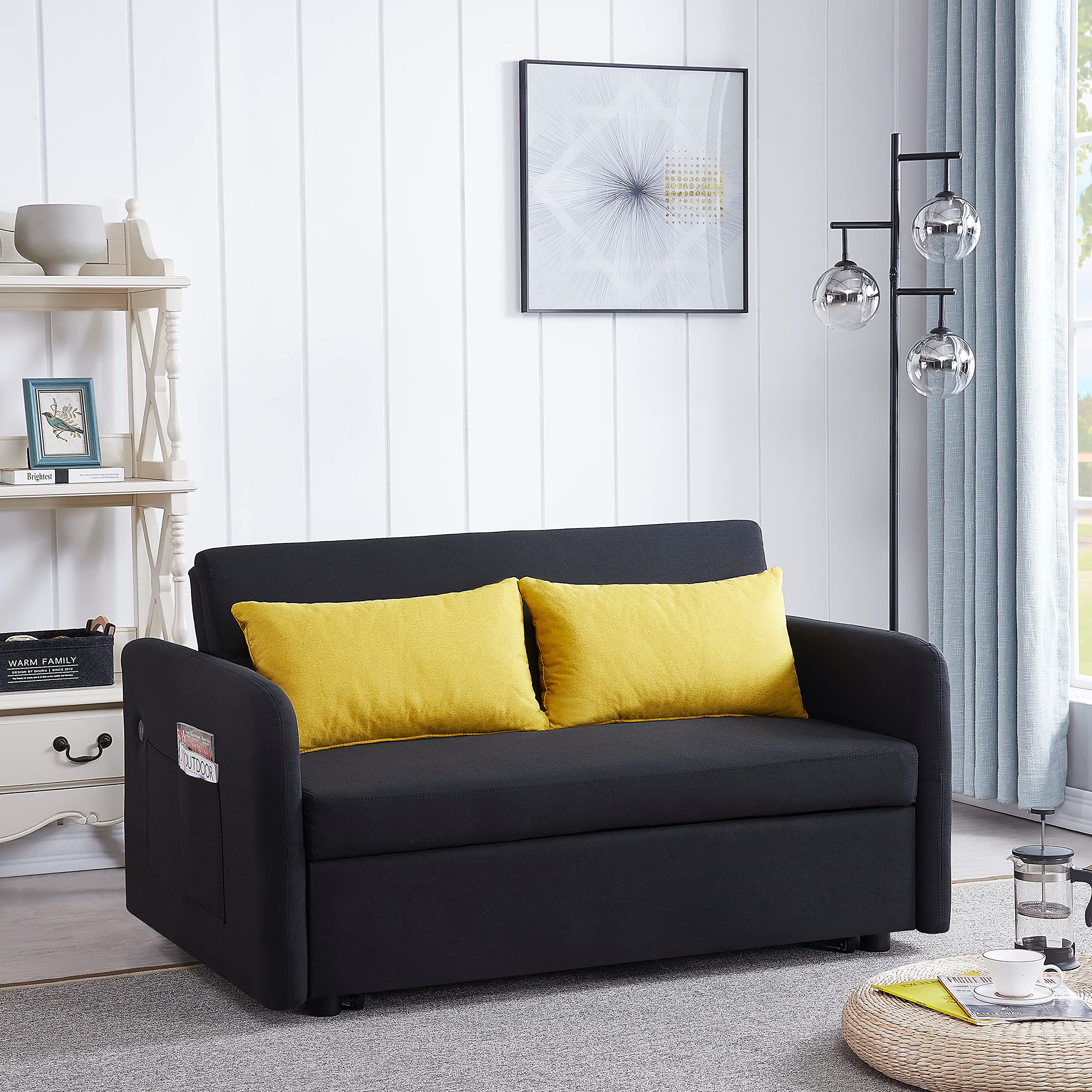 BSYEIO Pull Out Sofa Bed, Twin Sleeper Sofa Couch, Loveseat Sofa Bed, Futon Sofa Couch, Love Seat Lounge Sofa with Reclining Backrest, Toss Pillows, Pockets, Convertible Sleeper Sofa Bed-Black