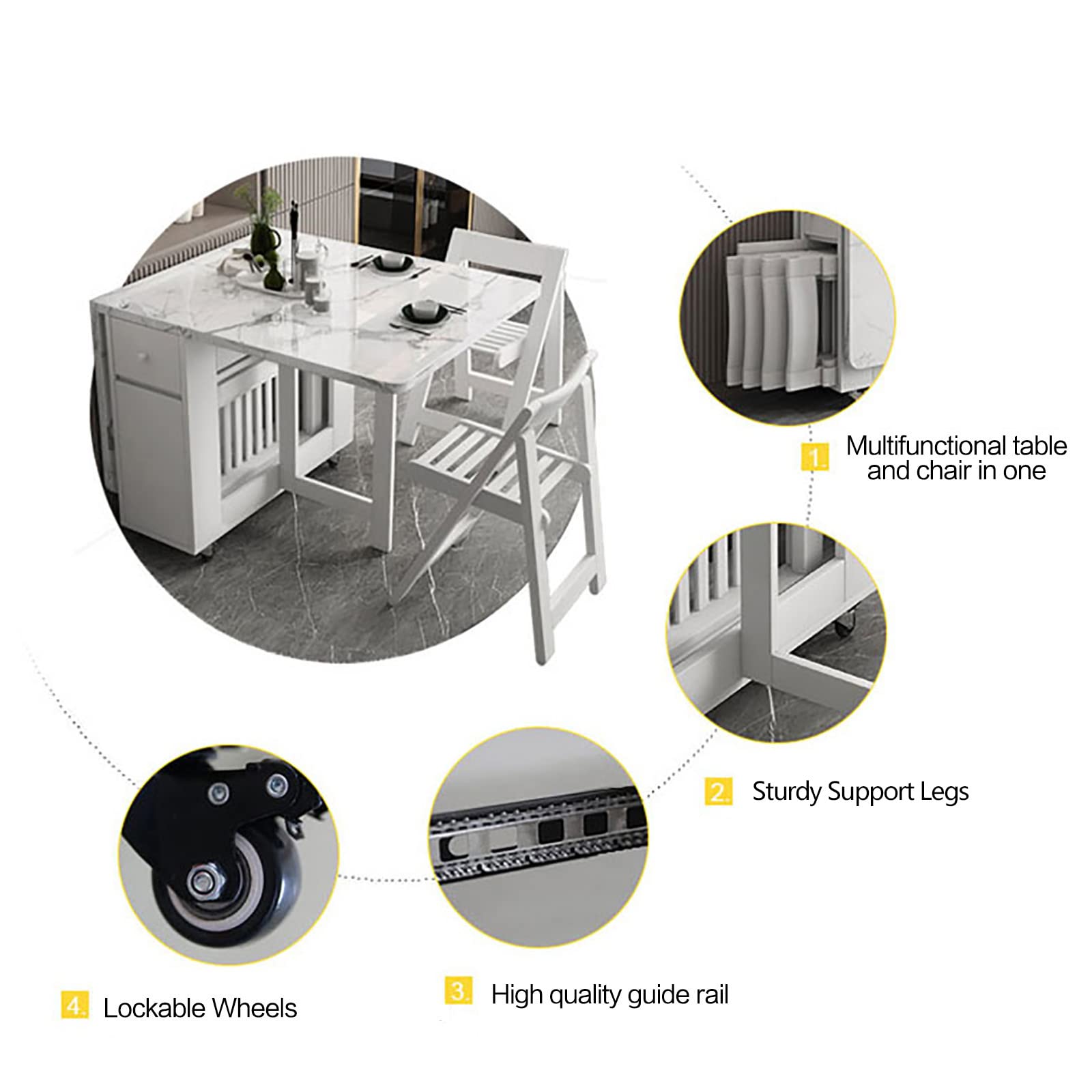 FUNROLUX Folding Dining Table and Sideboard Cabinet Set, Movable Kitchen Table and Buffet Cabinet with Storage Space for Dining Room, Living Room (White)