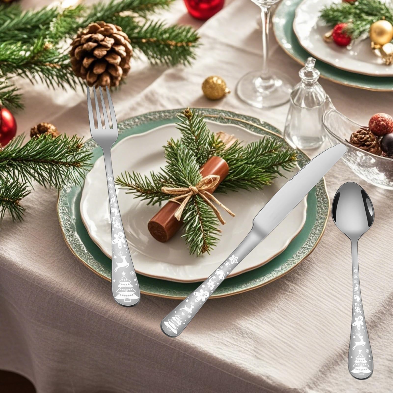 Vilihkc 20 Piece Stainless Steel Christmas Style Silverware Set Flatware Set Kitchen Utensil Set Service for 4 Tableware Cutlery Set for Home and Restaurant Dishwasher Safe