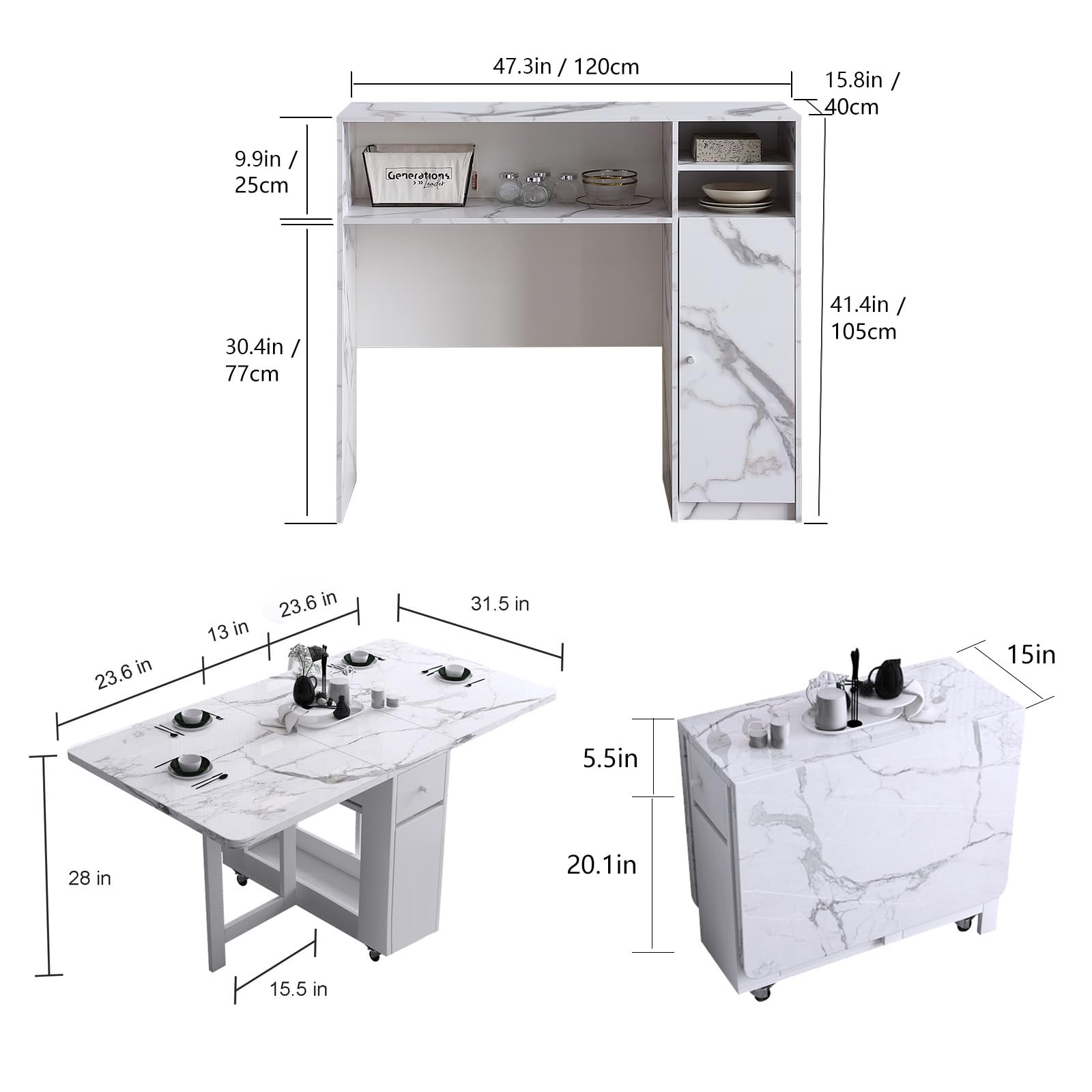 FUNROLUX Folding Dining Table and Sideboard Cabinet Set, Movable Kitchen Table and Buffet Cabinet with Storage Space for Dining Room, Living Room (White)