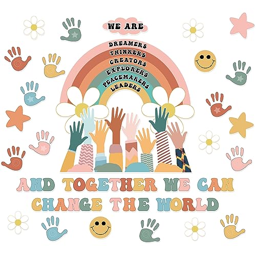 92 Pieces One World Together Classroom Decorations We Can Change The World Classroom Wall Decor We are and Together Hands Cutouts with Stars Rainbow Cutouts for School Classroom Decor (Retro)