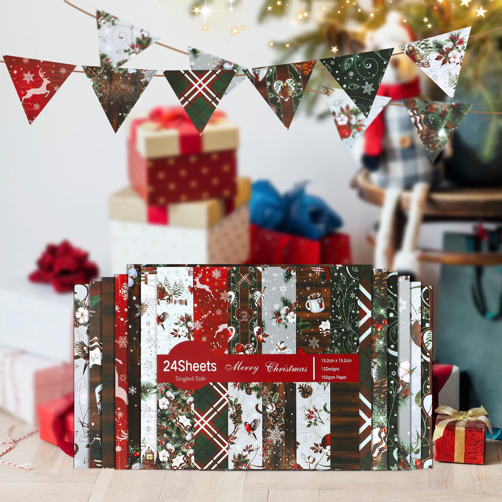 PUIKSXER 6"x6" Merry Christmas Scrapbook Paper Pad, 24 Sheets Plaid Snowflake Deer Pinecone Wood Texture Pattern Paper Single-Sided Holiday Craft Paper for Junk Journal Card Making Album Party Decor