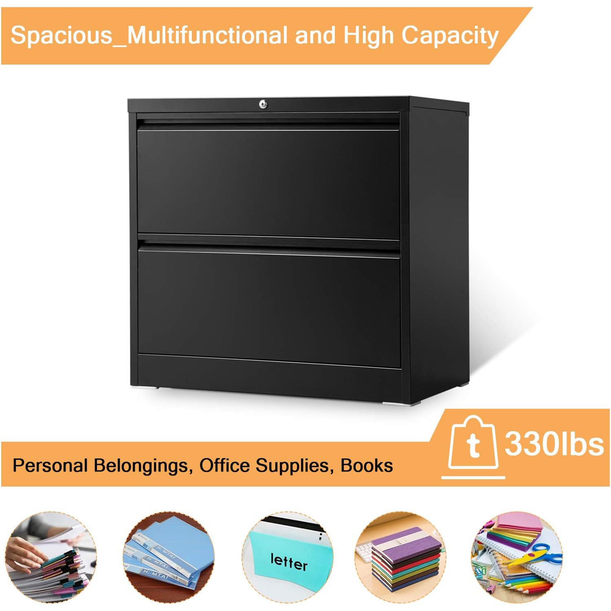 AOBABO 28" Locking 2 Drawer Metal Office Storage Organization Filing Cabinet with Adjustable File Hanging Bar and 2 Keys, Black
